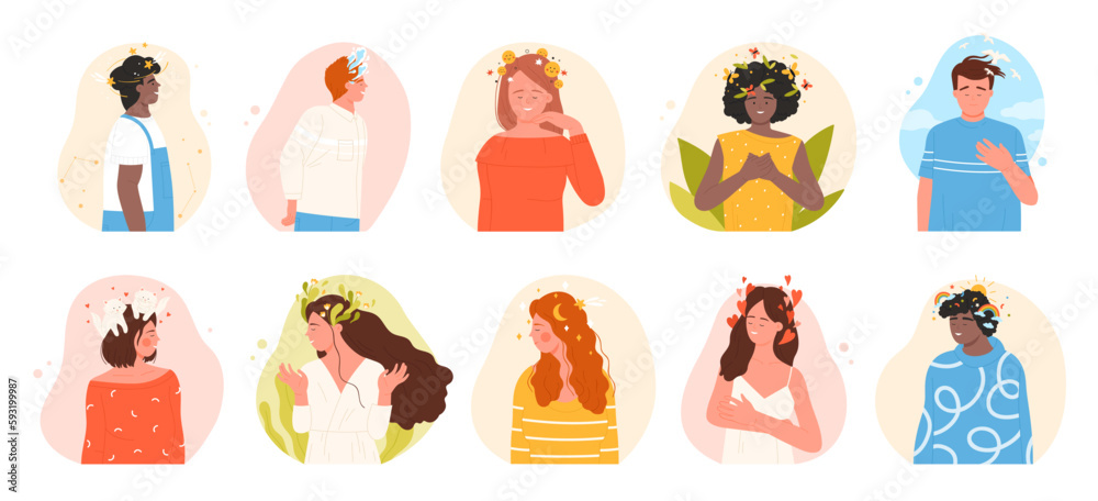 Happy positive thinking people set vector illustration. Cartoon ...