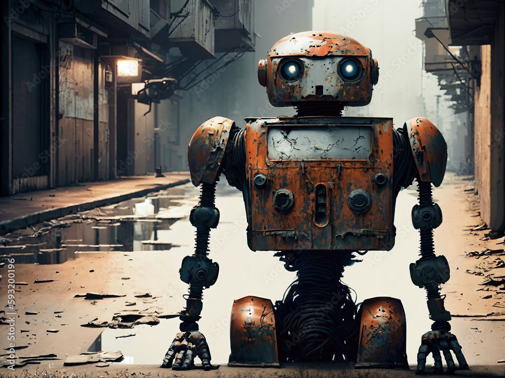 A worn out rusted robot sits on a dirty street. Futuristic dystopic ...
