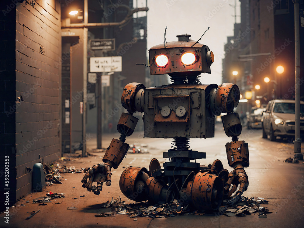 A worn out rusted robot sits on a dirty street. Futuristic dystopic ...