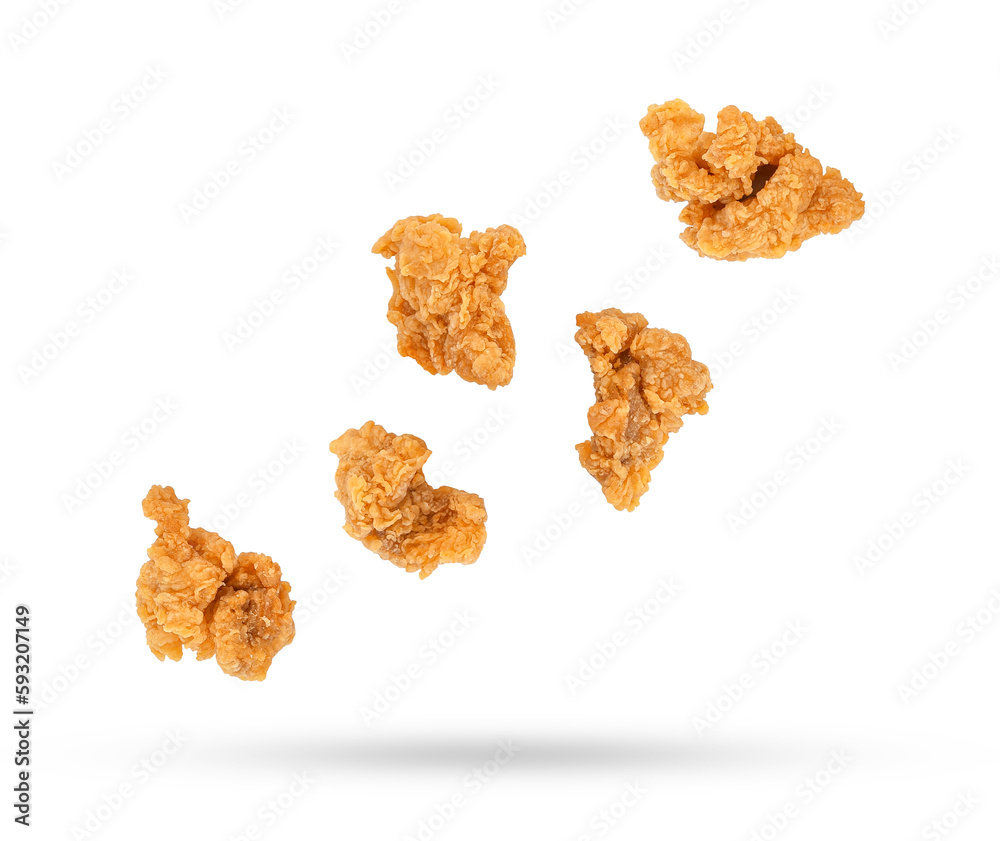 Fried popcorn chicken falling in the air isolated on transparent ...