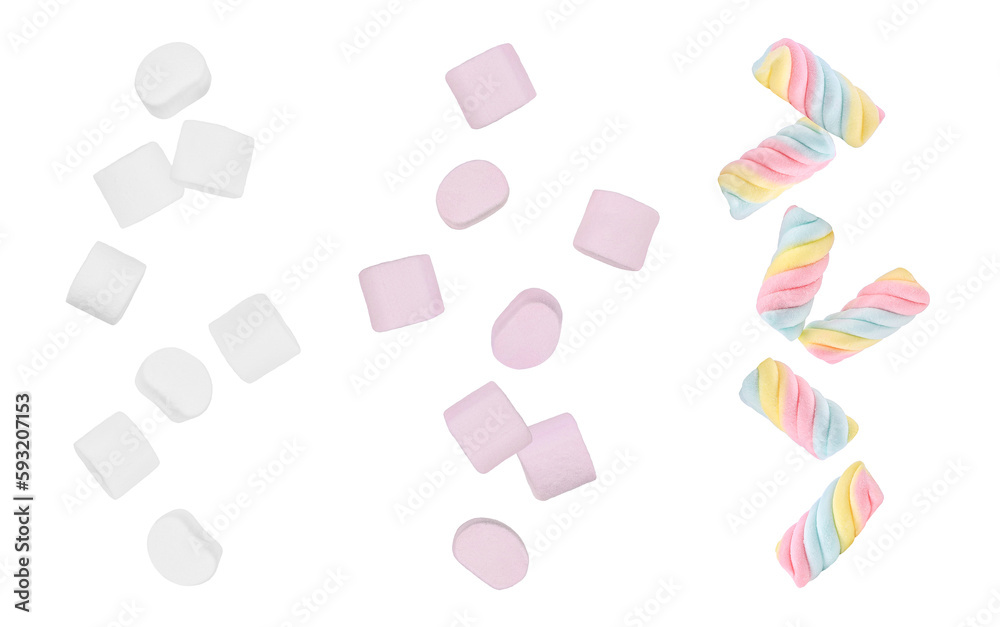 Colorful marshmallows candy falling in the air isolated on transparent ...