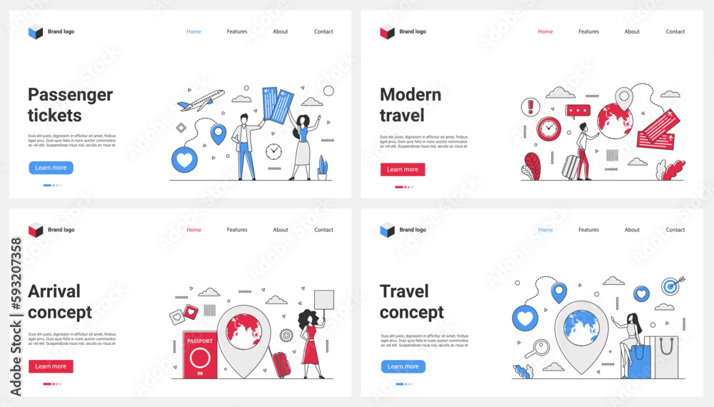 Modern travel tickets, passenger arrivals set vector illustration ...