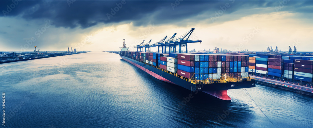 Container ship carrying container boxes import export dock with quay ...