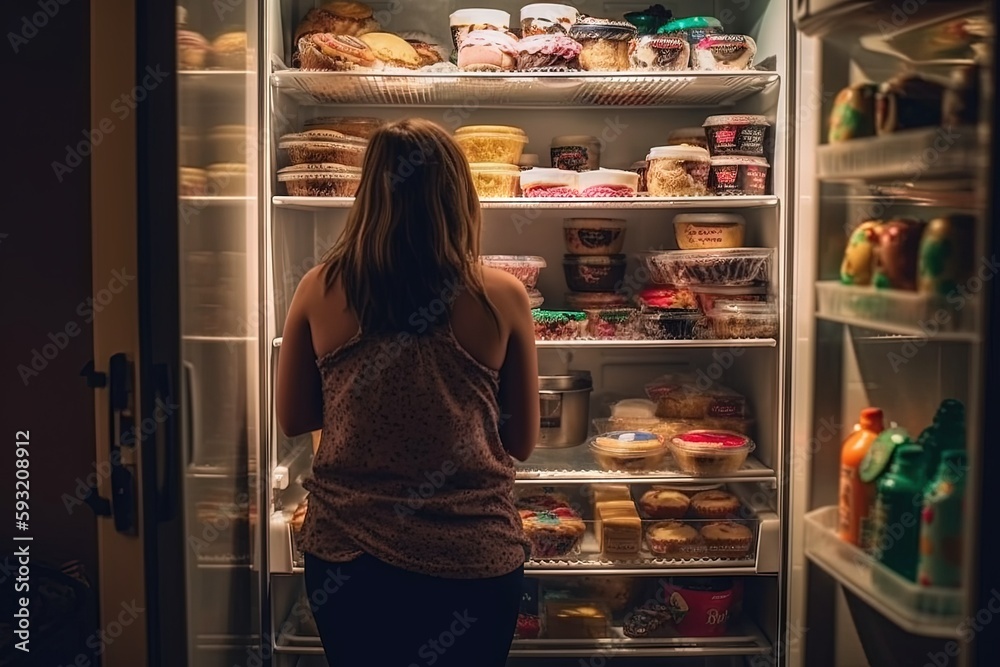 Fat Woman In Front Of Open Refrigerator Full Of Junk Food Illustration