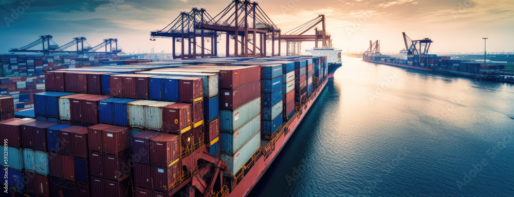 Container ship carrying container boxes import export dock with quay ...