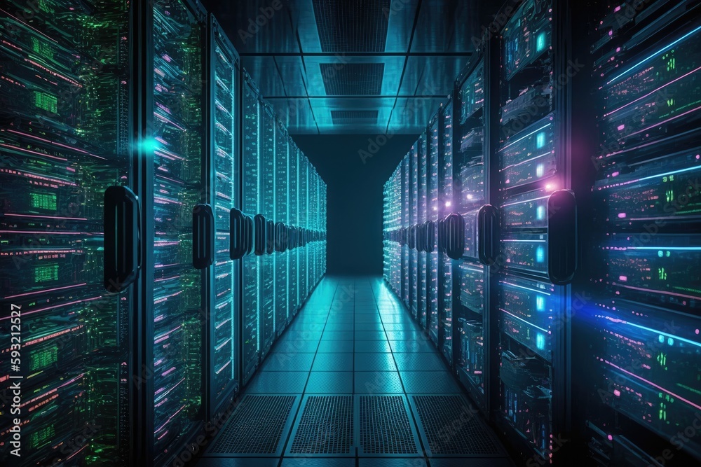 Multiple rows of fully functional server racks are located in a data ...