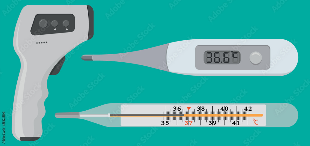Set of thermometers. Various types of medical devices that measure ...