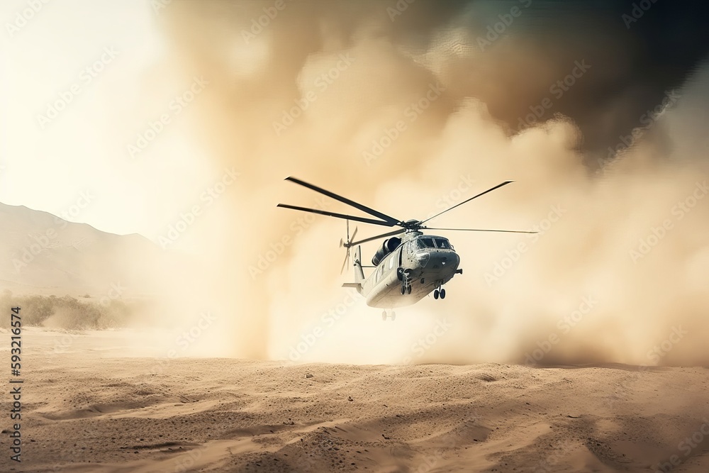 military chopper crosses crosses fire and smoke in the desert, wide ...