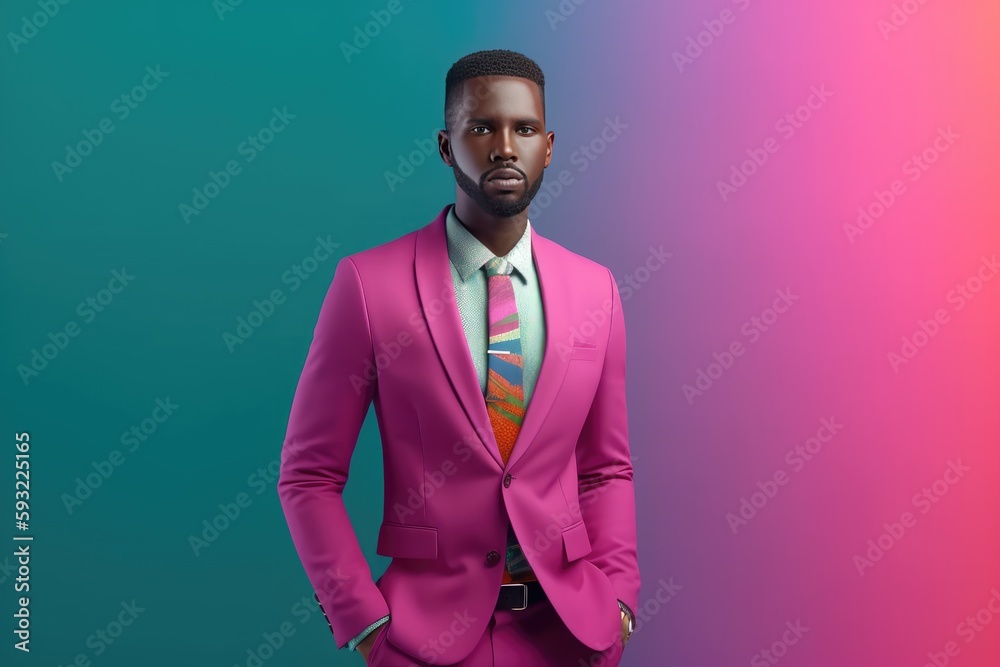 Beautiful fictional black man in pink business attire on a brightly ...