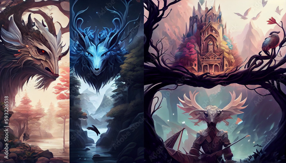 series of fantasy-themed illustrations, showcasing the mythical ...