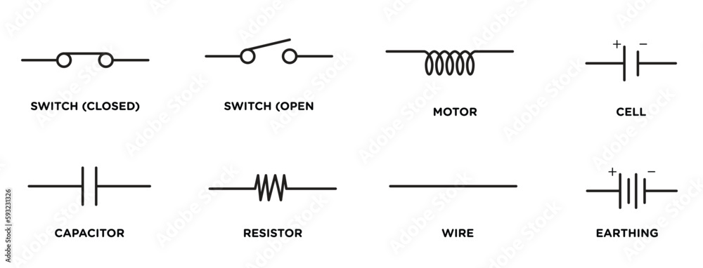 icon set of switch (closed), switch (open), motor, cell, capacitor ...