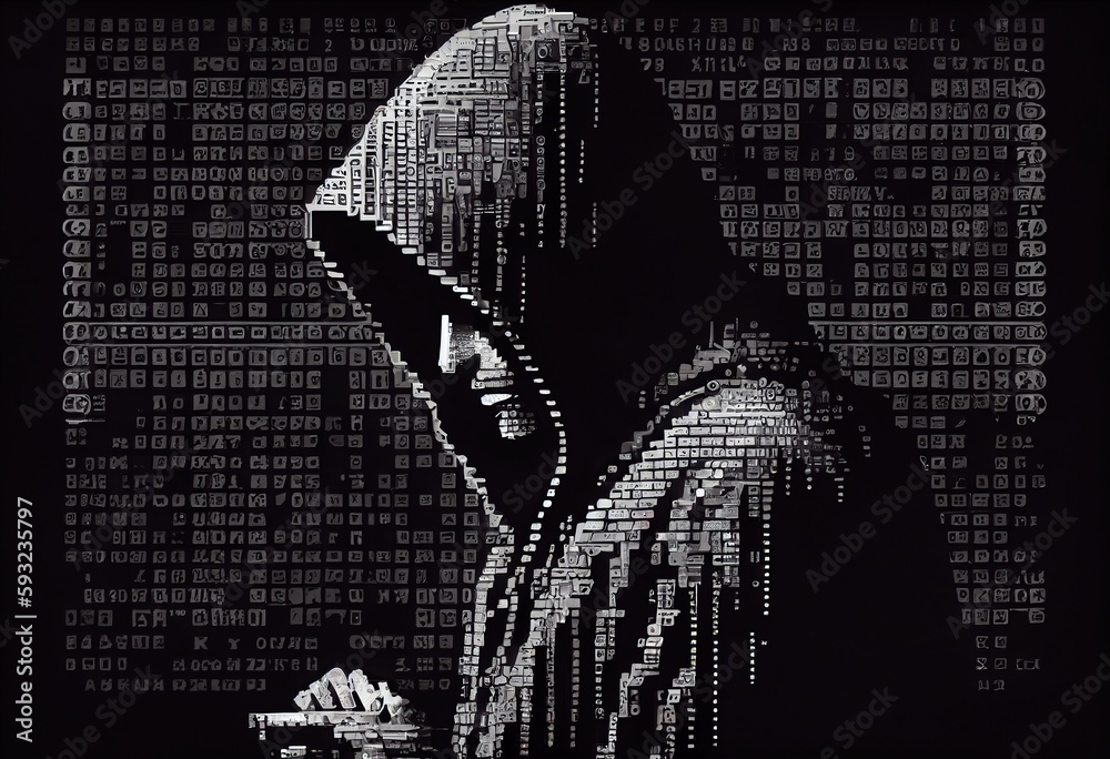 Generative AI illustration of computer hacker, ascii style ilustração ...