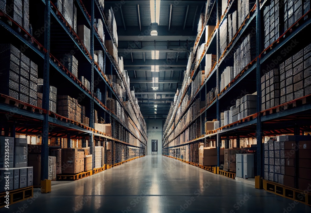 Generative AI illustration of huge distribution warehouse with high ...