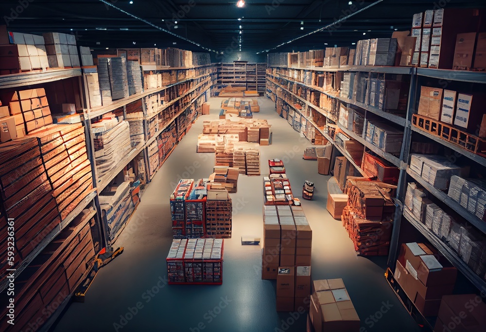 Generative AI illustration of huge distribution warehouse with high ...