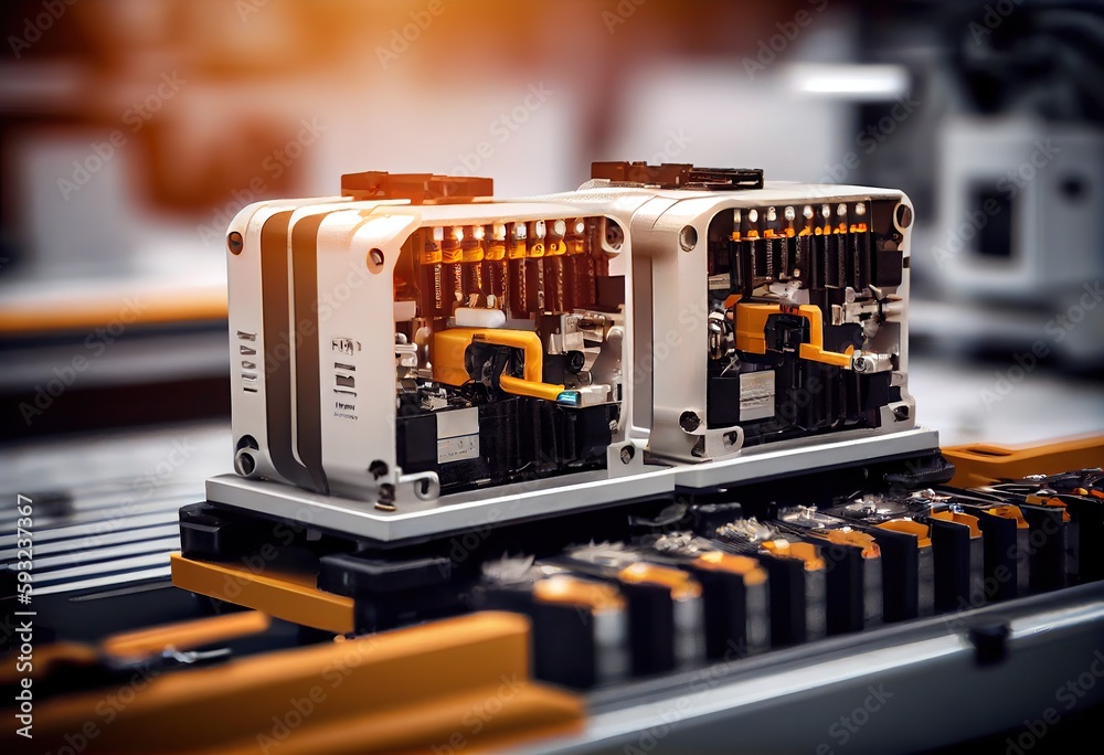 ภาพประกอบสต็อก Generative AI illustration of Robot assembly line with ...