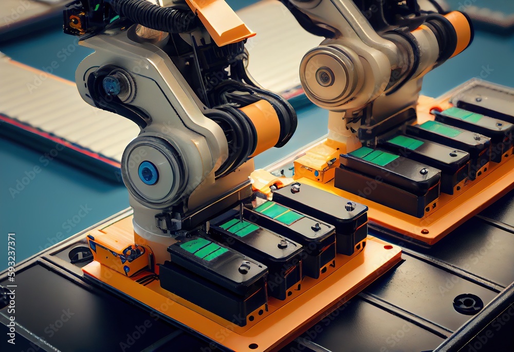 Generative AI illustration of Robot assembly line with electric car ...