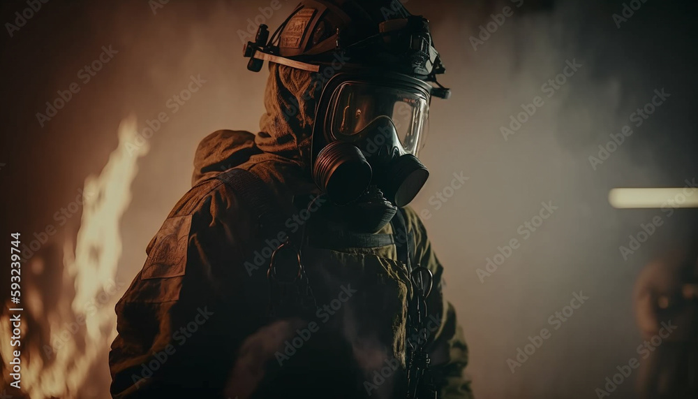 Firefighter training fireman walking in fire in flaming smoke filed ...