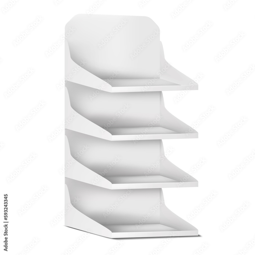 Display stand with shelves vector mockup. Blank white vertical rack ...