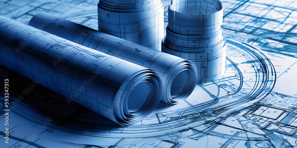 architectural blueprint papers laying on white background Stock ...