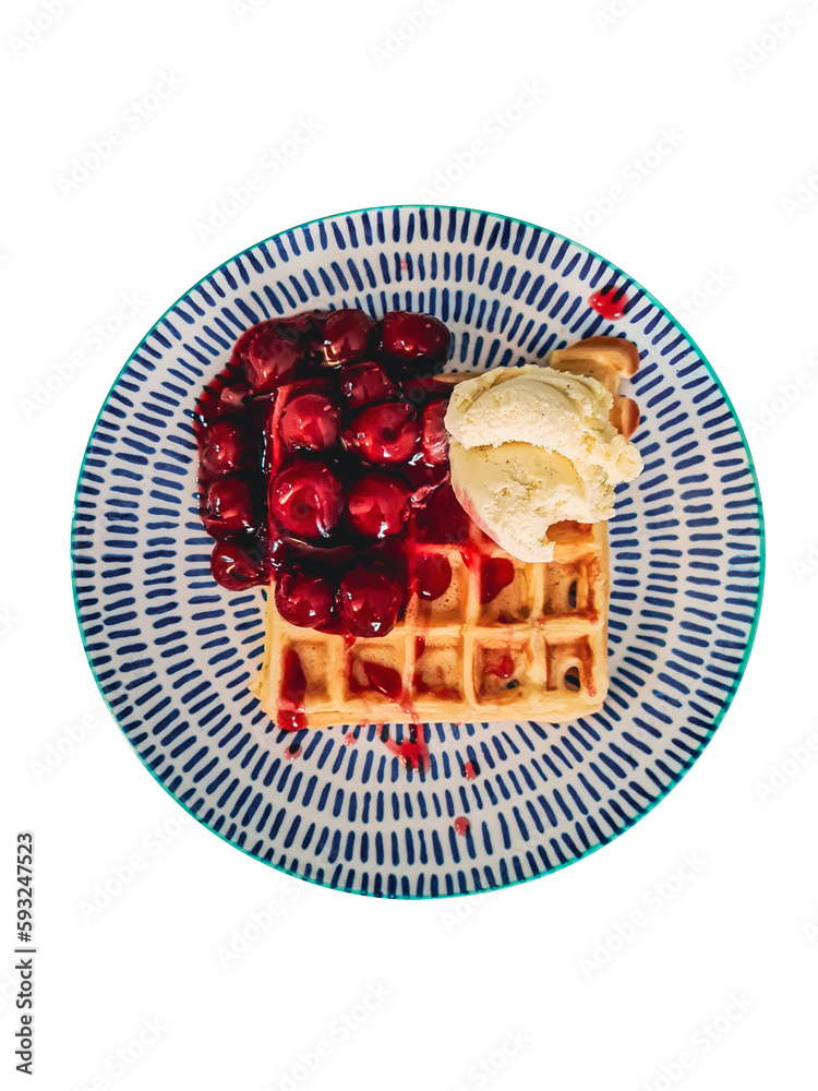 Waffle isolated or on white screen / Waffel mit kirschen und vanille ...