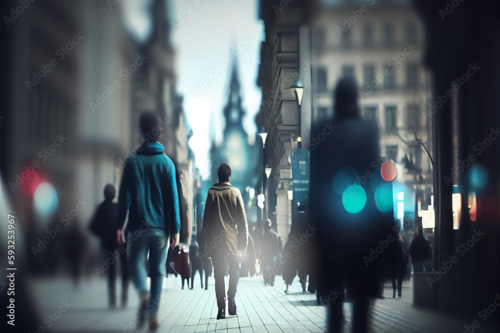 Blurred people walking street in city with bokeh lights. Crowd. Motion ...