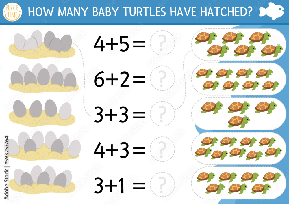 How many baby turtles have hatched game. Under the sea math addition ...