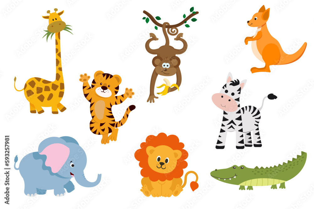 Set kids safari animals. Cute baby animals: giraffe, tiger, elephant ...
