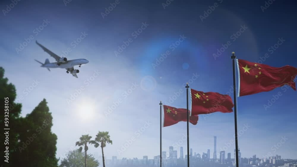 Airplane landing in Beijing, China. A generic passenger plane lowering ...