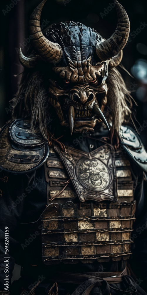 A powerful warrior stands tall, wearing traditional Japanese armor and ...