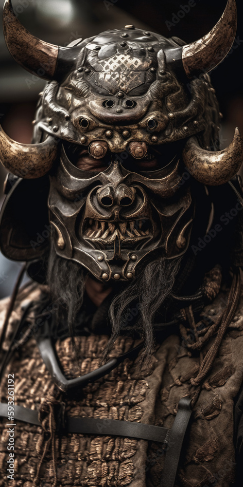 A powerful warrior stands tall, wearing traditional Japanese armor and ...