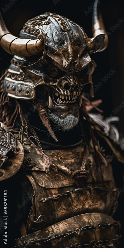 A powerful warrior stands tall, wearing traditional Japanese armor and ...