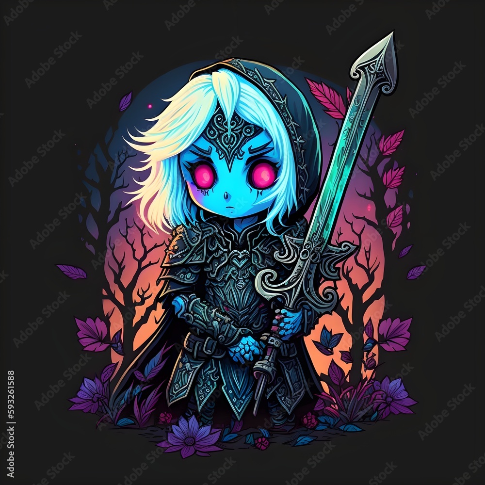 drow elf Death Knight with big Sword warcraft inspired anime chibi ...