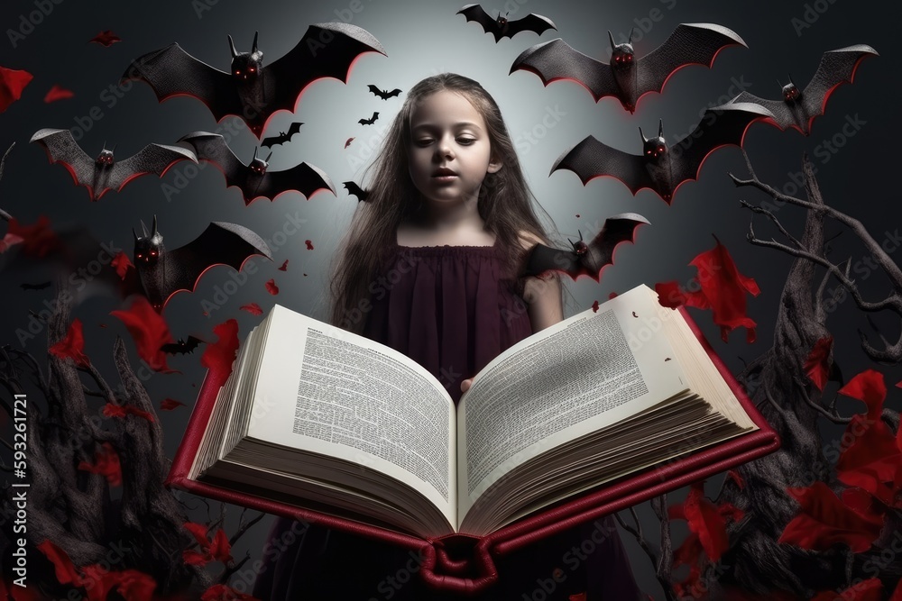Vampire story comes to life, little girl reading, bats and blood coming ...
