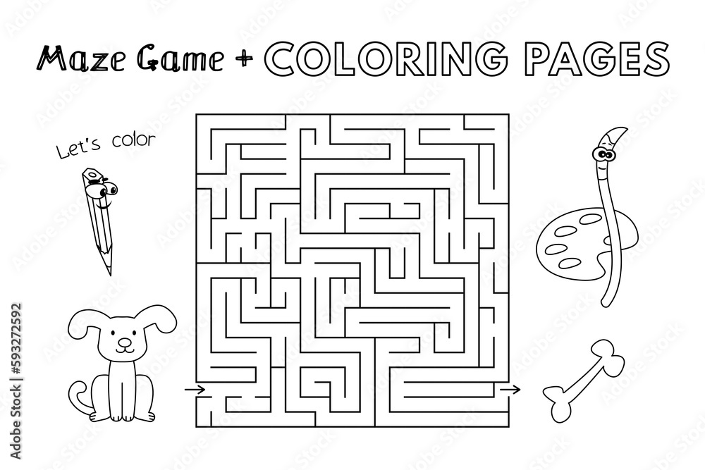 Cartoon dog maze game. Vector coloring book pages for children Stock ...