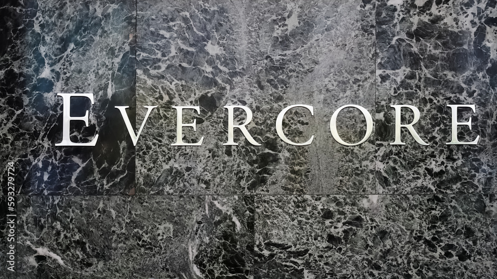 New York, NY - April 15, 2023 : Evercore corporate logo close up on ...