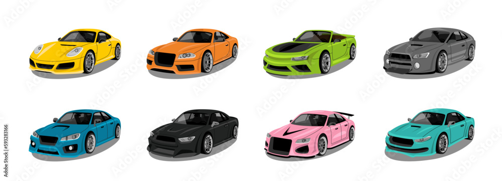 Set of colorful fast cars. Race automobiles collection. Urban city ...