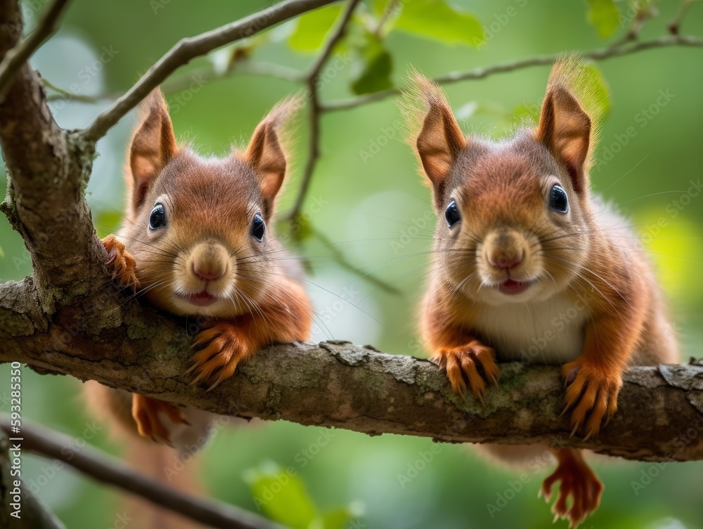 Two silly squirrels caught in a moment of play and mischief Stock ...