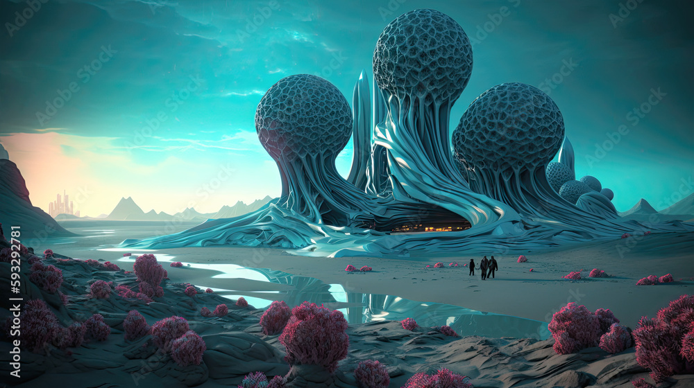 alien planet landscape with weird buildings. Generative AI image. Stock ...
