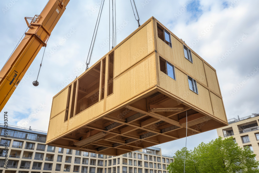 Wooden building module is raised by a crane and placed into the ...
