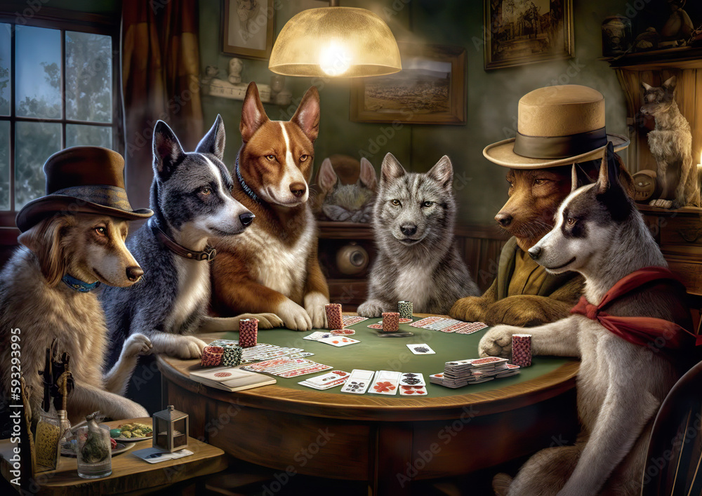 Very cool animals playing poker at the poker table, illustration with a ...