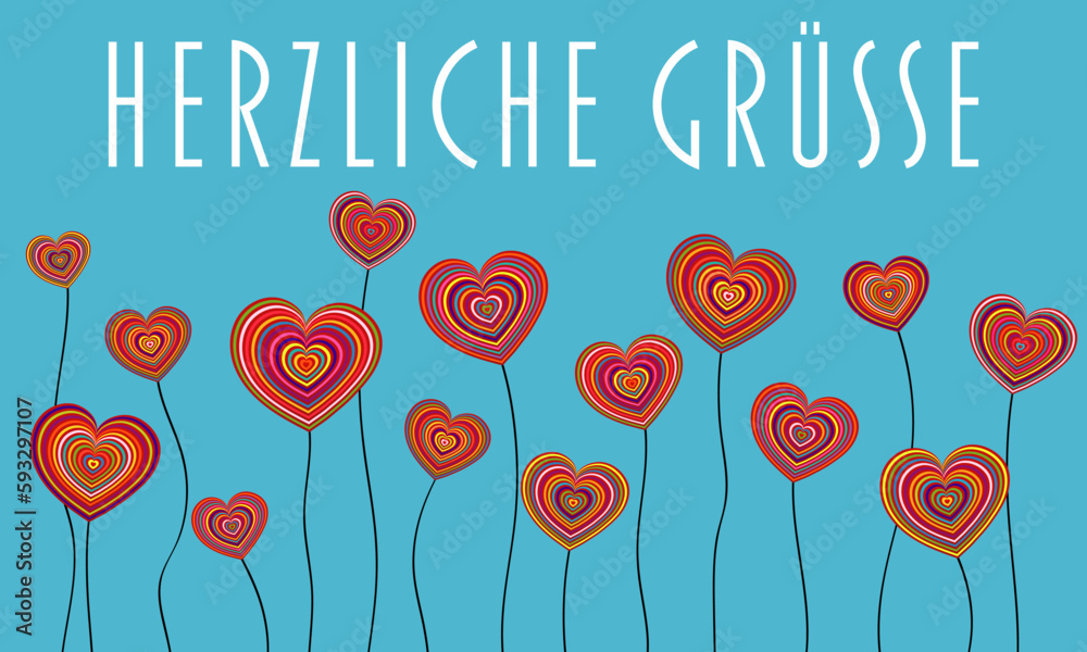 Herzliche Grüße - Schriftzug in deutscher Sprache. Grußkarte mit bunten ...