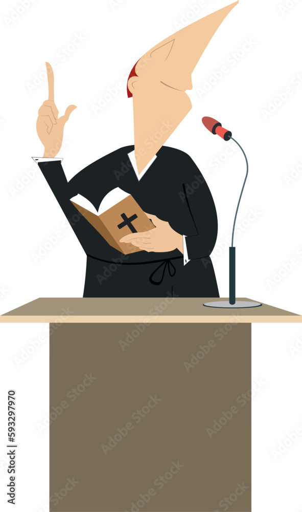 Priest Preaching at Podium. In God We Trust. A Priest holding a Bible ...