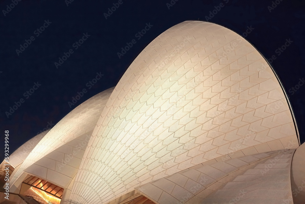 View at night from the SW of the Sydney Opera House shell roofs. NSW ...