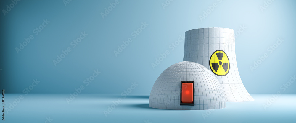 Shutting down nuclear plants concept - a reactor building with a switch ...