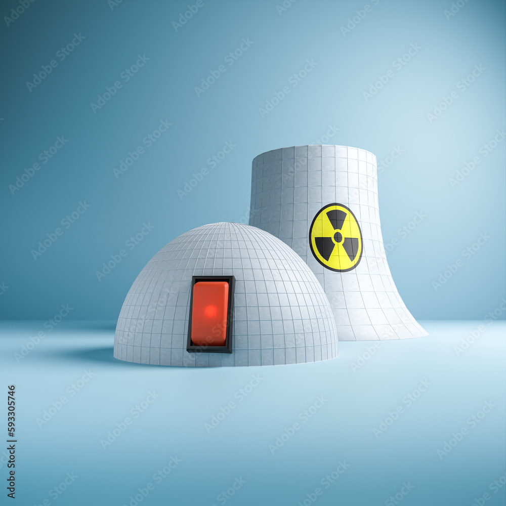 Shutting down nuclear plants concept - a reactor building with a switch ...
