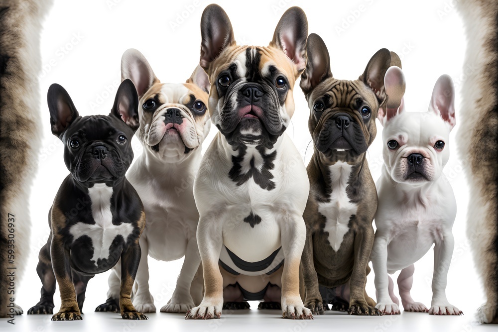 The image depicts a group of seven French Bulldogs standing in front of ...