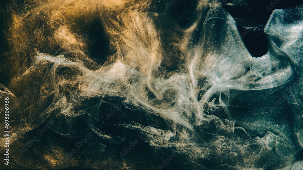 Glitter mist. Ink water. Fluid splash. Metallic golden silver blue ...