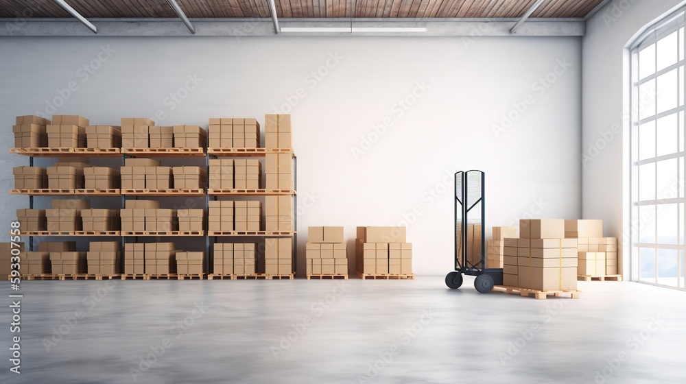 Warehouse with cardboard boxes and a trolley next to it on a light ...