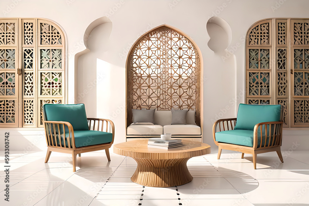 Arabic, Islamic style interior. Rattan chair, table and arabic pattern ...