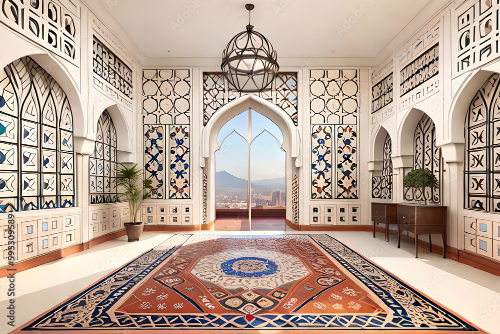 Arabic, Islamic style interior. Rattan chair, table and arabic pattern ...